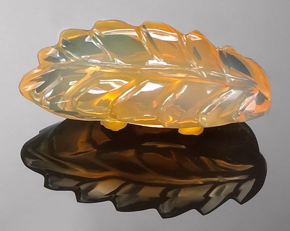Bonhams : Large Fire Opal Carving of a Leaf
