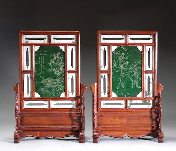 Bonhams : A pair of 'spinach' jade and jadeite-mounted table screens ...
