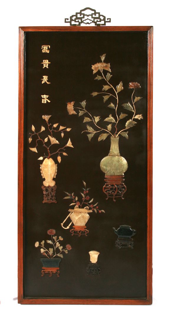 Bonhams : A pair of lacquered wood wall panels with hardstone and bone ...