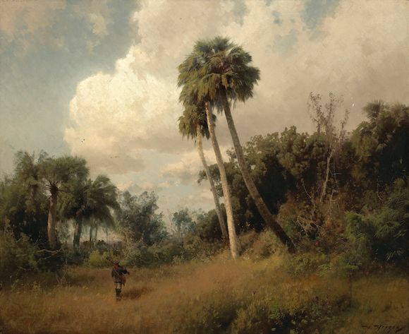 Bonhams : Herman Herzog (German, 1832-1932) A Hunter among Windswept ...