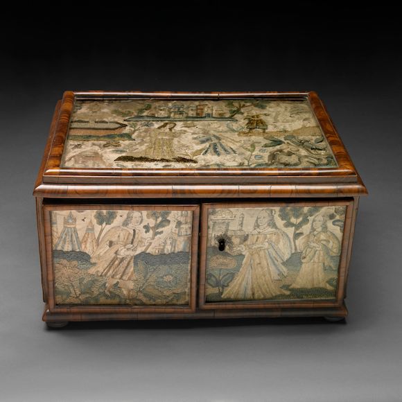Bonhams : A Charles II stumpwork and walnut work box circa 1660