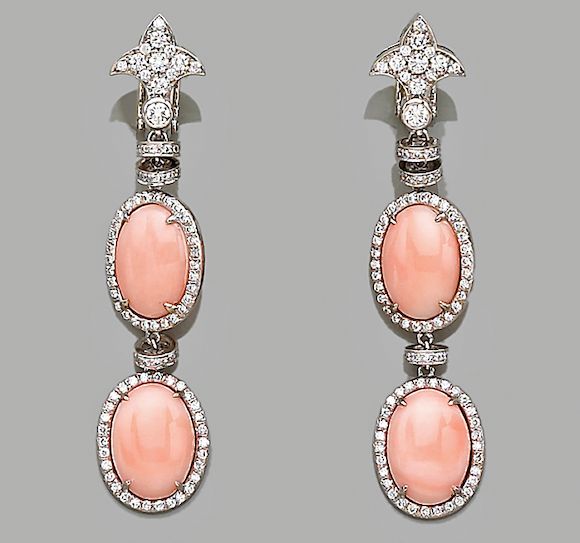 Bonhams : A pair of coral and diamond earrings, Laura Munder
