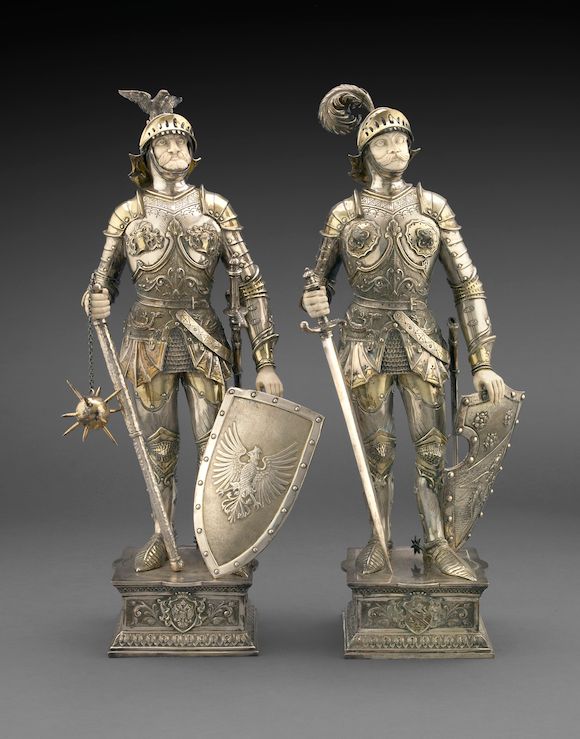 Bonhams : German Sterling Parcel-Gilt and Ivory Pair of Knight Figures ...