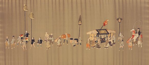 Bonhams : A mounted silk panel of a daimyo procession 20th Century