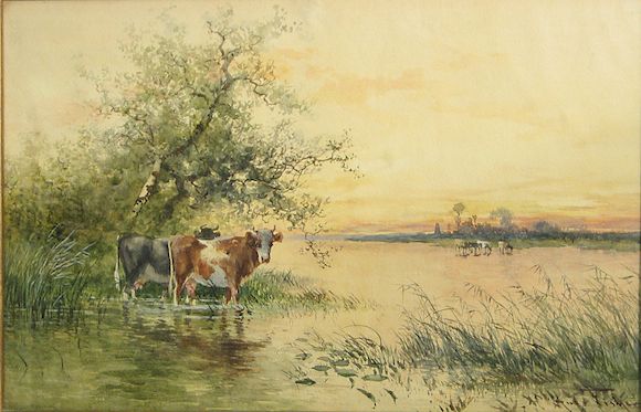 Bonhams : Hugo Anton Fisher (American, 1854-1916) Cattle Watering 13 1/ ...