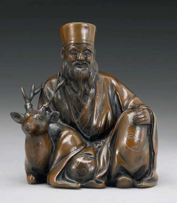 Bonhams : A patinated bronze figure of Jurojin Meiji Period