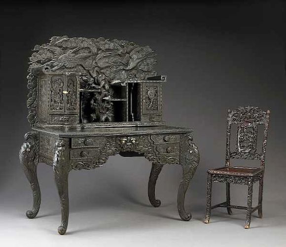 Bonhams : An elaborately carved export two-section wood desk Meiji ...