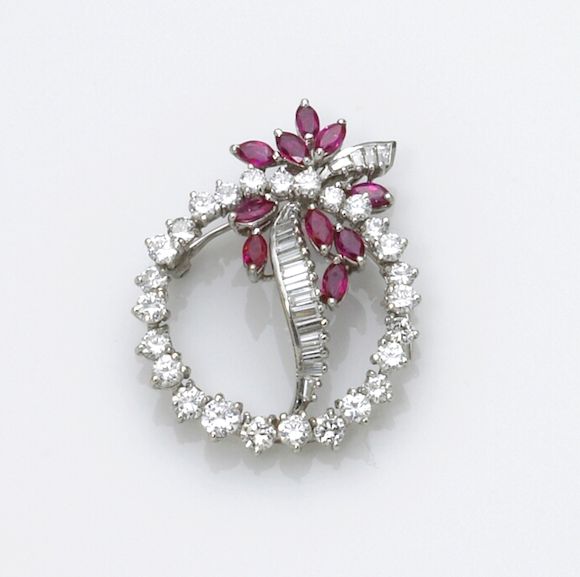 Bonhams : A ruby and diamond circle brooch
