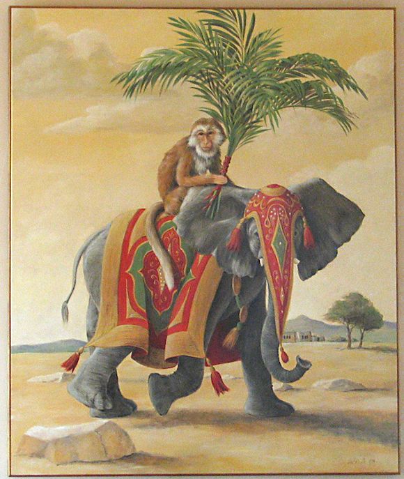 Bonhams : An oil on canvas of monkey and elephant