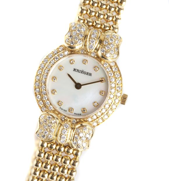 Bonhams : Krieger. A ladies 18k gold and diamond set quartz bracelet ...