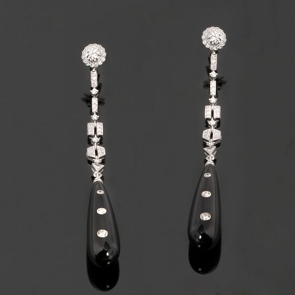 Bonhams : A pair of diamond and black onyx earrings, Laura Munder
