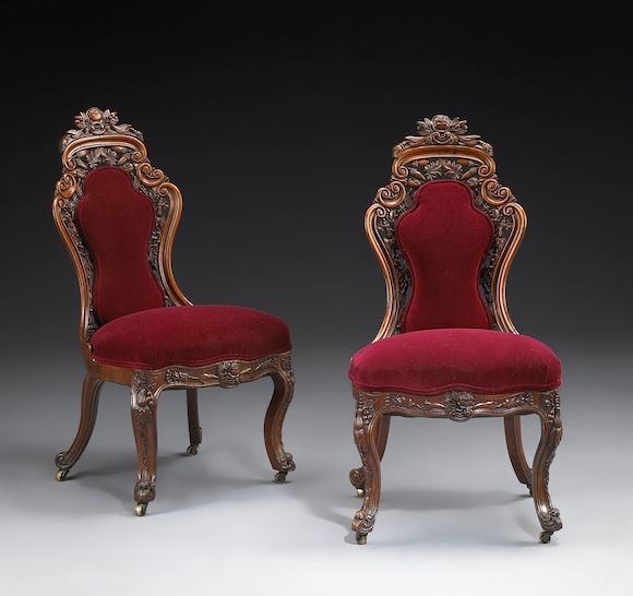 Bonhams : A pair of American Rococo Revival laminated rosewood side chairs