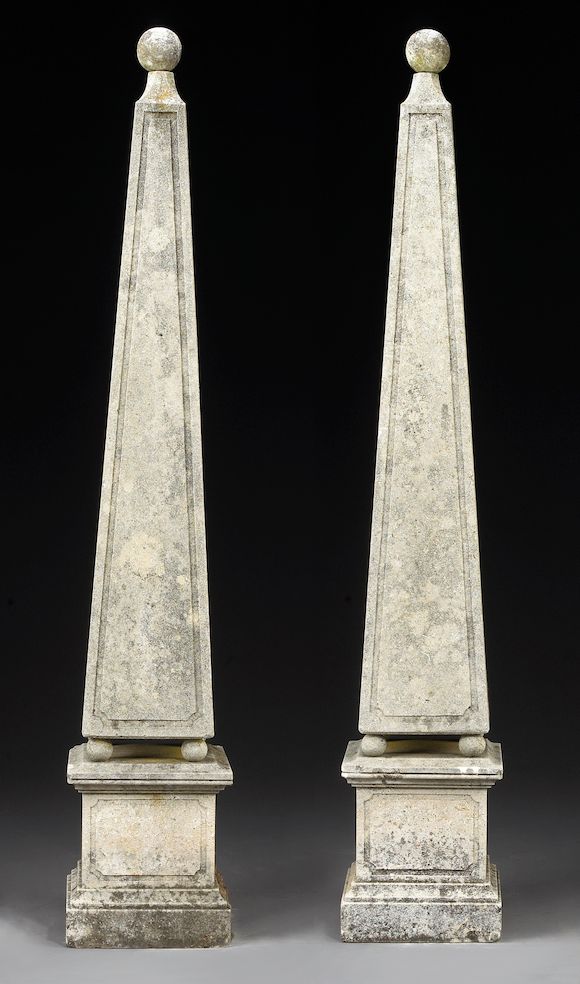 Bonhams : A pair of Neoclassical style cast stone garden obelisks