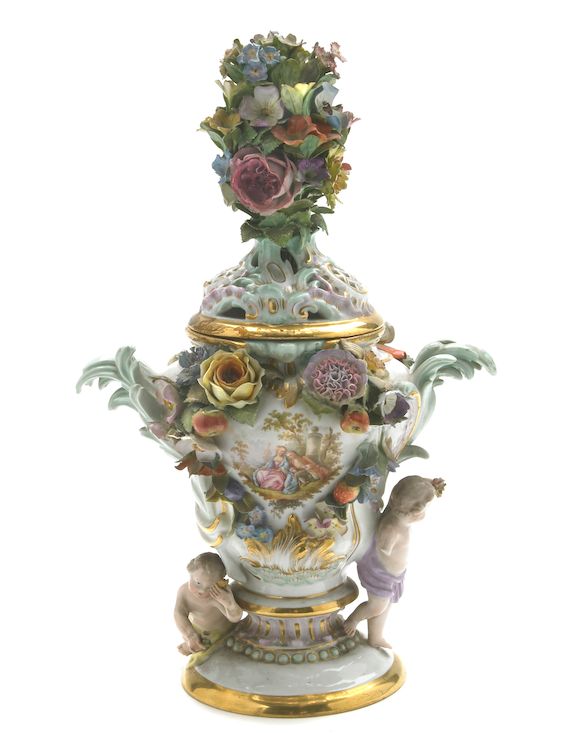 Bonhams : A Meissen porcelain floral encrusted covered urn