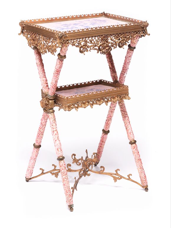 Bonhams : An unusual Napoleon III gilt-bronze and porcelain two-tier table