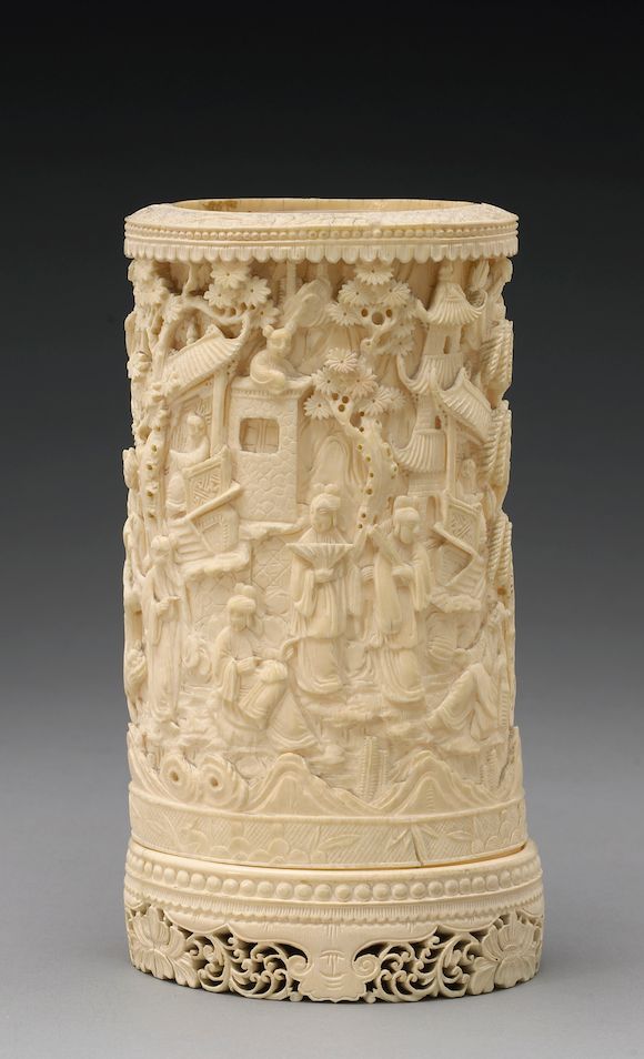 Bonhams : An export style pieced ivory brush pot 19th Century