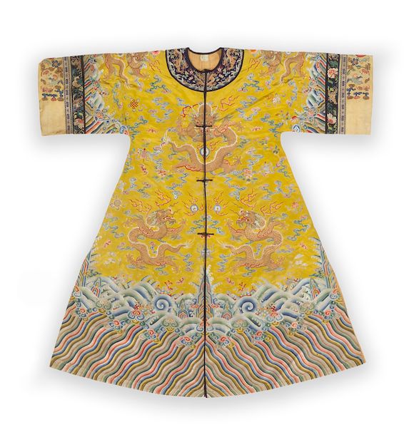 Bonhams : A lady's embroidered yellow satin ground surcoat 19th Century