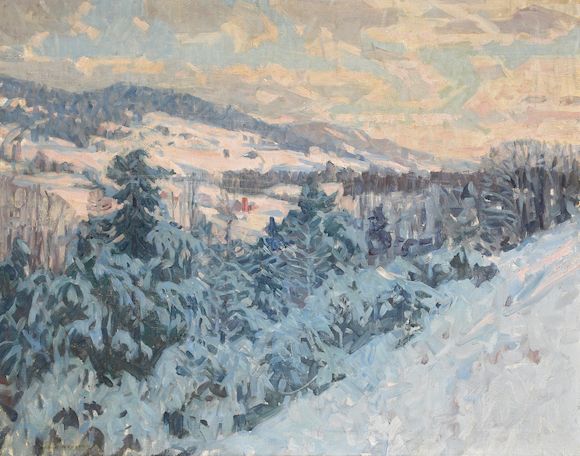 Bonhams : Bruce Nelson (American, 1888-1952) Winter Scene with Distant ...