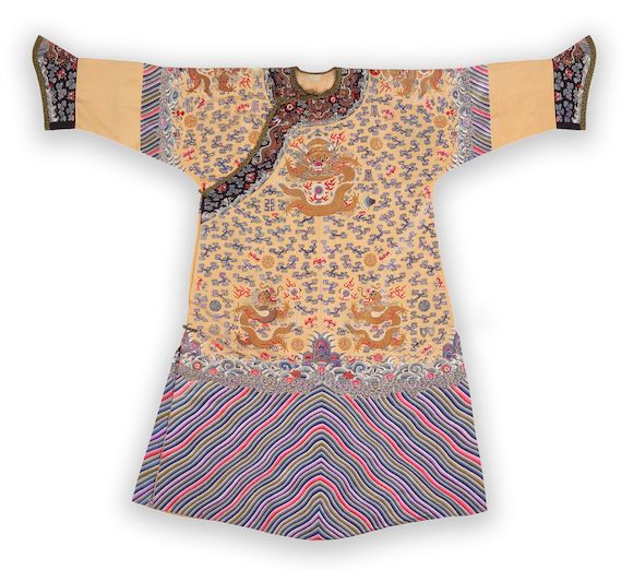 Bonhams : An apricot silk ground dragon robe with twelve imperial ...