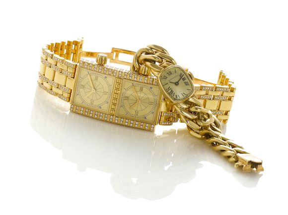 Bonhams : Roberge'. An 18k gold diamond set dual time bracelet ...