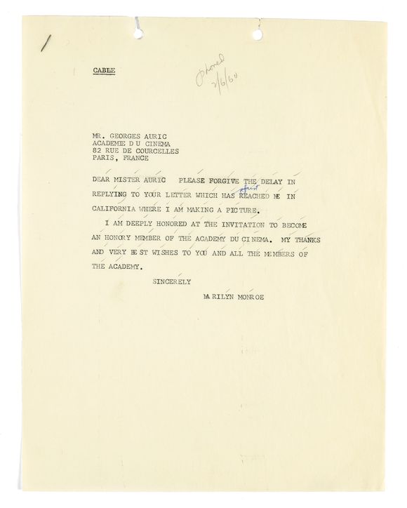 Bonhams : A Marilyn Monroe-dictated document, 1960