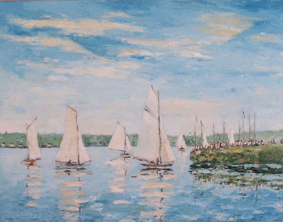 Bonhams : William Foreman (British, 1939) Boating in Rouen 21 3/4 x 28in