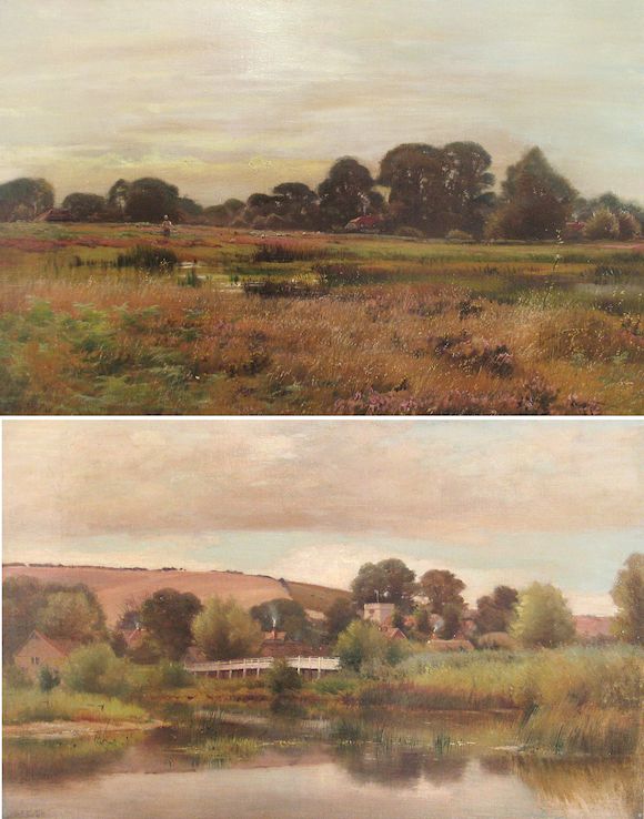 Bonhams : Ernest Parton (American, 1845-1933) Farmhouses near a river ...