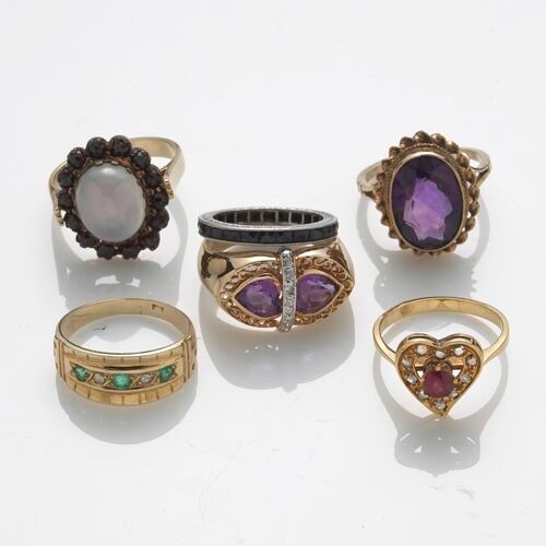 Bonhams : A collection of six gem-set, platinum, 18k, 14k and 10k gold ...