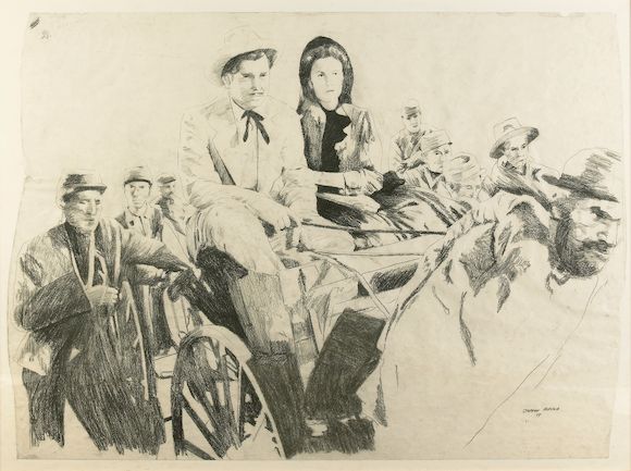 Bonhams : A Rhett Butler and Scarlett O'Hara charcoal drawing, 1989