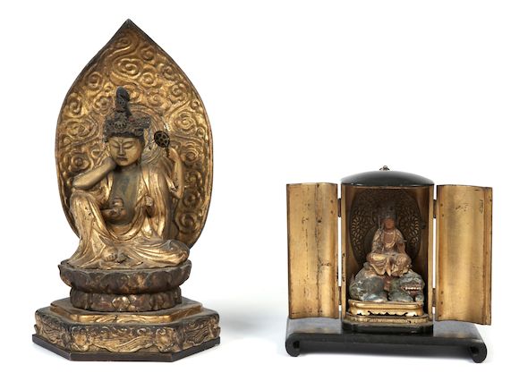 Bonhams : Two Japanese giltwood seated Buddhist figures, one of Monju ...