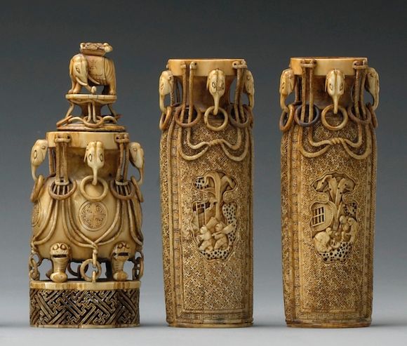 Bonhams : A group of three tinted ivory vases Republic Period