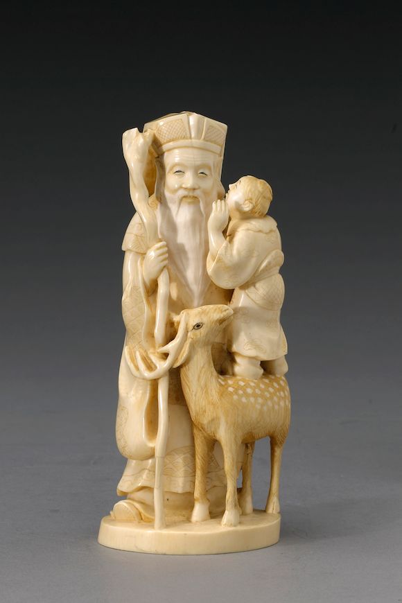 Bonhams : A stained ivory okimono of Jurojin