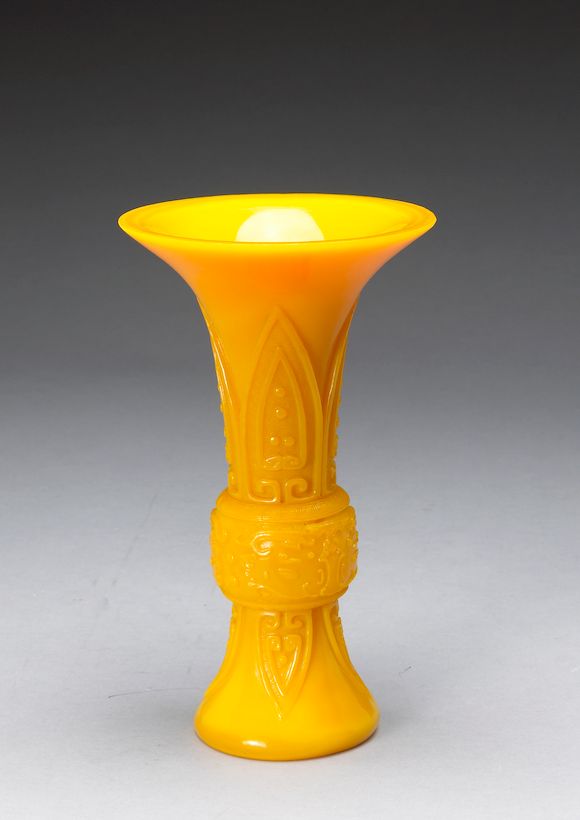Bonhams : A yellow Peking glass gu-form vase 20th Century