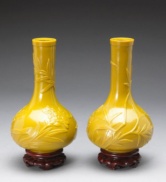 Bonhams : A pair of 'mustard' yellow Peking glass bottle vases 20th Century