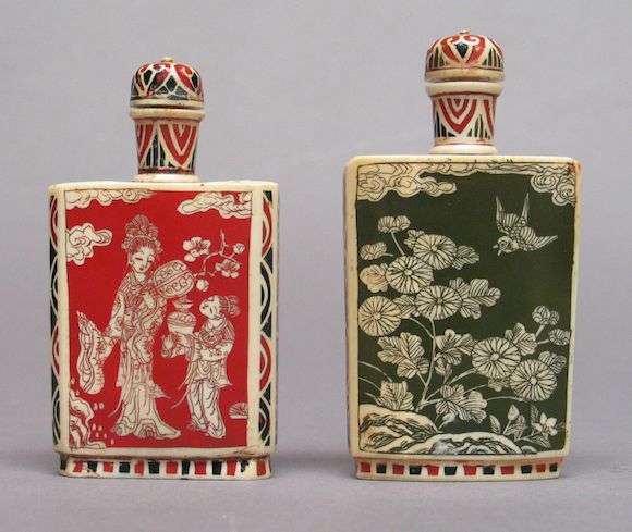 Bonhams : Two small lacquered ivory rectangular shaped snuff bottles