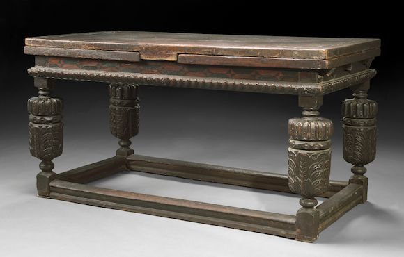 Bonhams : An Elizabethan style inlaid oak draw leaf refectory table