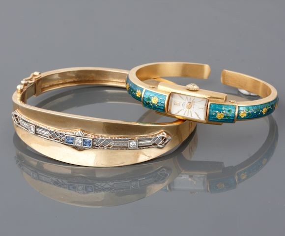 Bonhams : An 18k gold and enamel bangle watch with a 14k gold bangle ...