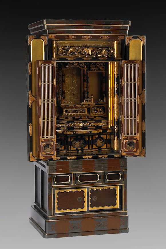 Bonhams : A gilt, brown and black lacquered wood butsudan