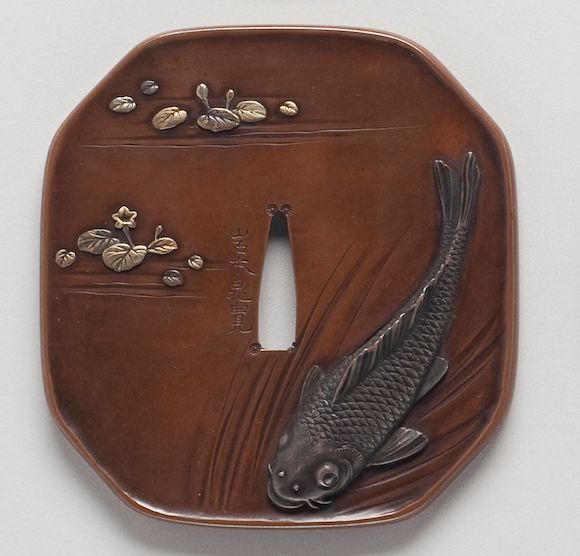 Bonhams : A large shibuichi and gold decorated copper tsuba Attributed ...