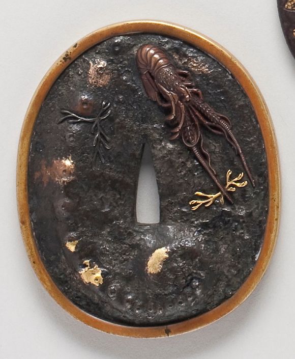 Bonhams : An unusual iron, sentoku, copper and gilt tsuba in the form ...