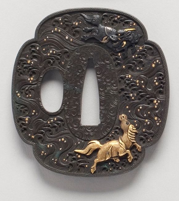 Bonhams : A shakudo mokko Iwamoto style tsuba 19th Century