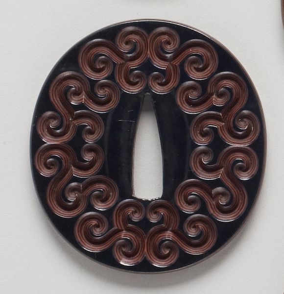 Bonhams : A good shakudo and akagane guri tsuba 19th Century