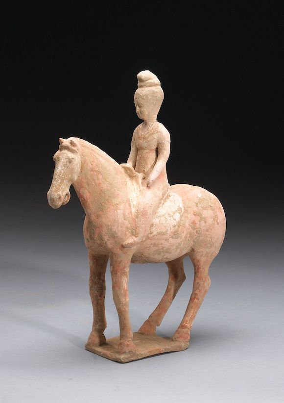 Bonhams : A painted pottery funerary model of an equestrienne Tang Dynasty