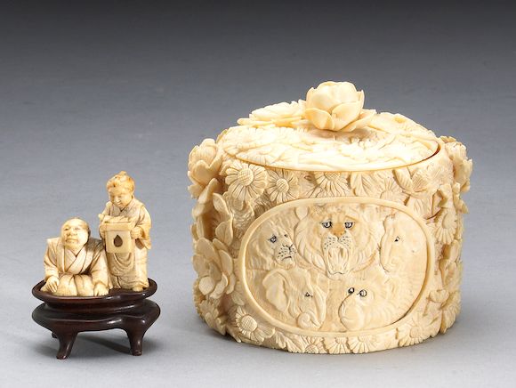 Bonhams : Two carved ivory decorations Meiji/Taisho Period