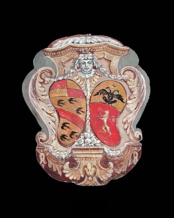 Bonhams : An Italian Baroque style polychrome cartouche form panel