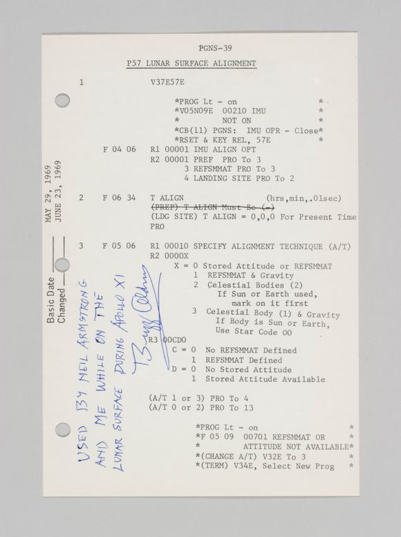 Bonhams : FLOWN APOLLO 11 LM G & N DICTIONARY SHEET–EAGLE'S NAVIGATION UPDATE.