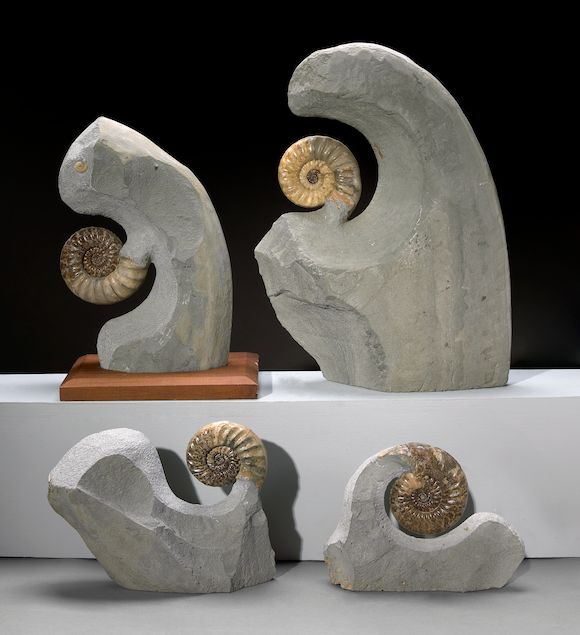 Bonhams : Four English Ammonite Presentations with Carved Matrix