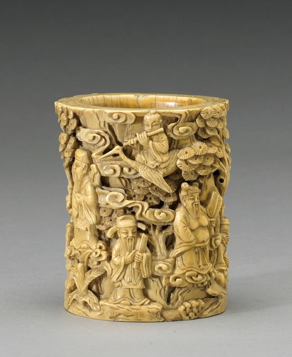 Bonhams : A carved ivory brush pot Qing Dynasty