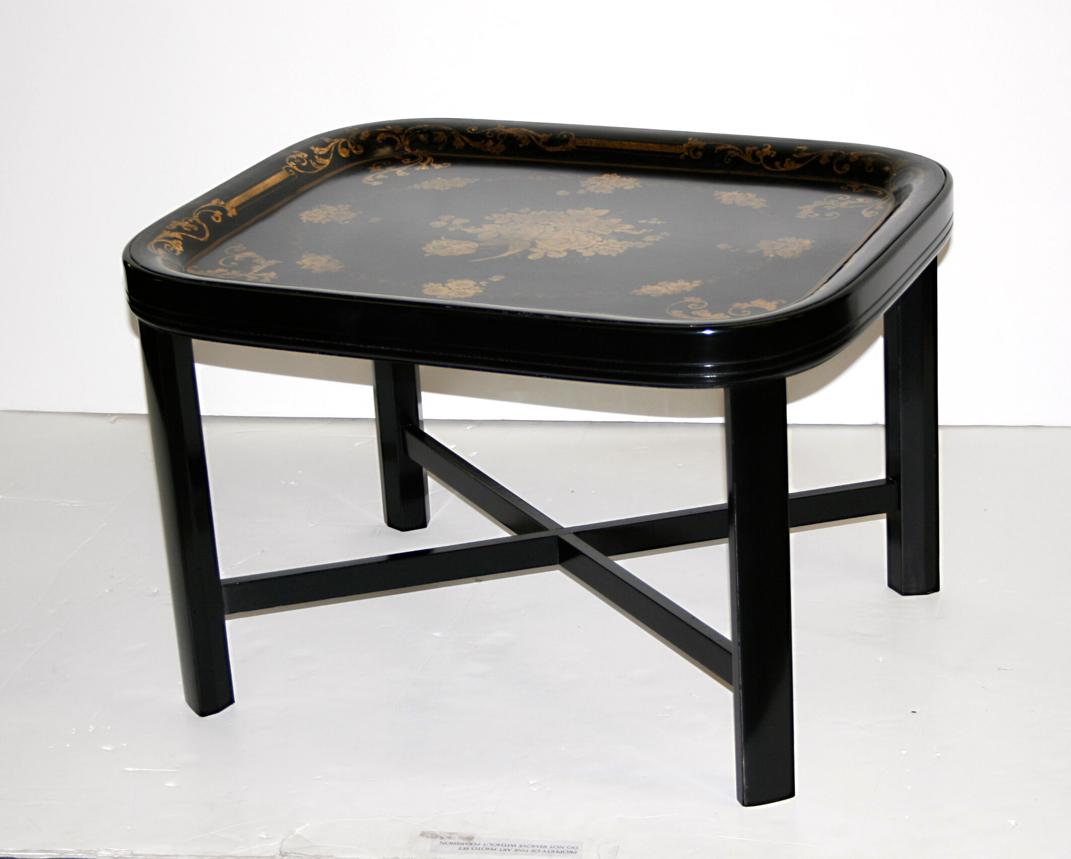 Bonhams : A Victorian parcel gilt ebonized tôle tray on a later ebonized base
