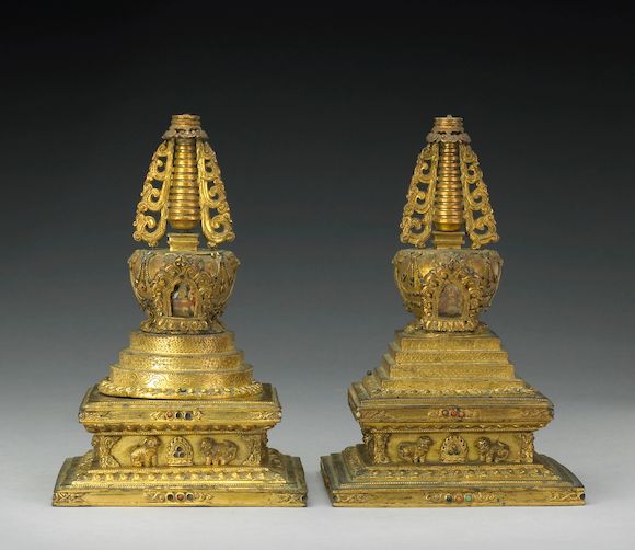 Bonhams : Two Tibetan gilt bronze models of a chorten 18th/19th Century